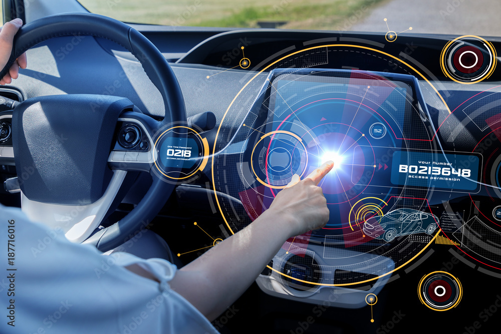 Futuristic car cockpit and touch screen. Autonomous car. Driverless ...