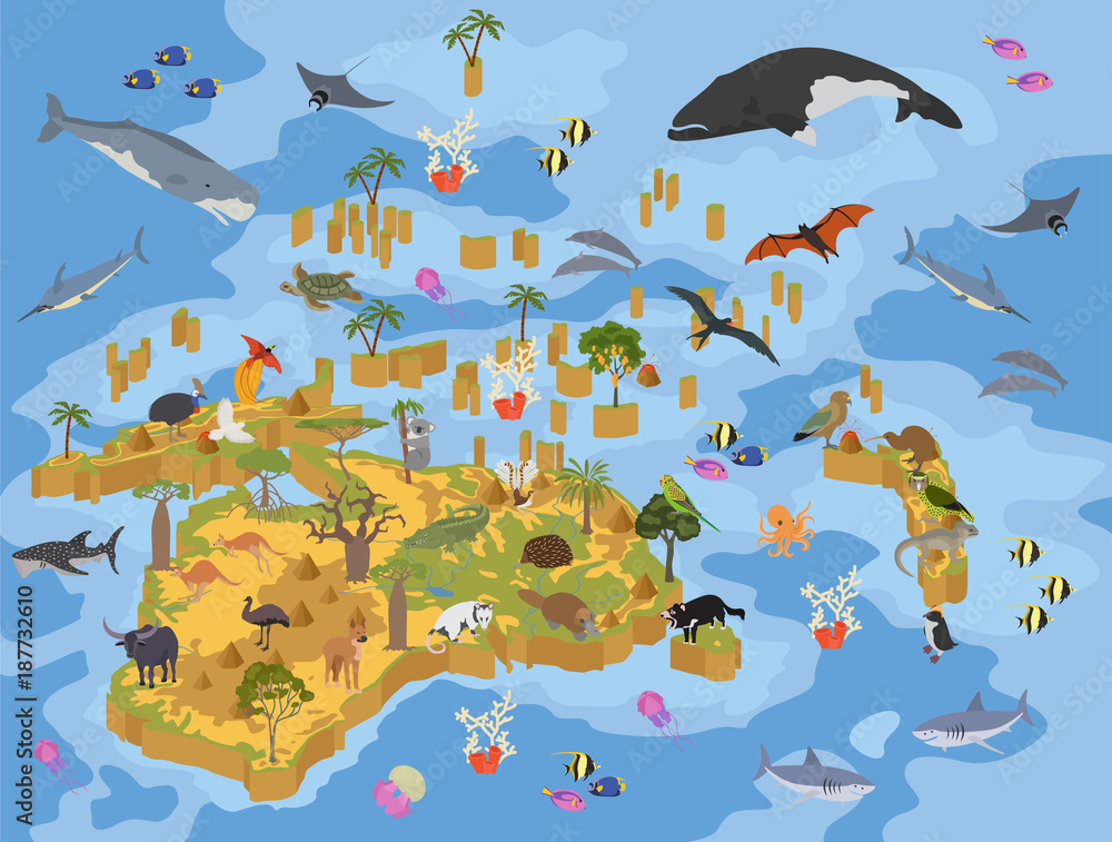 Vetor de Isometric 3d Australia and Oceania flora and fauna map ...