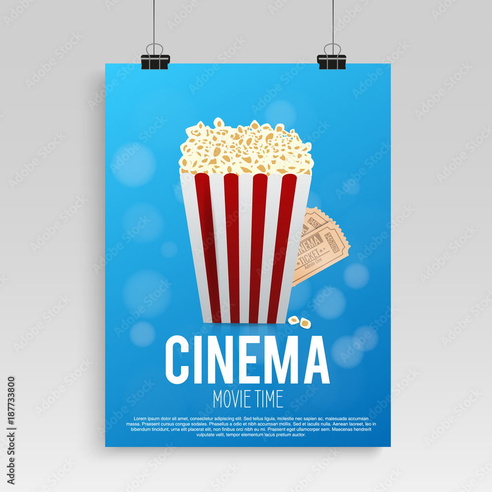 Realistic blue cinema poster in the frame with an image hanging on a ...