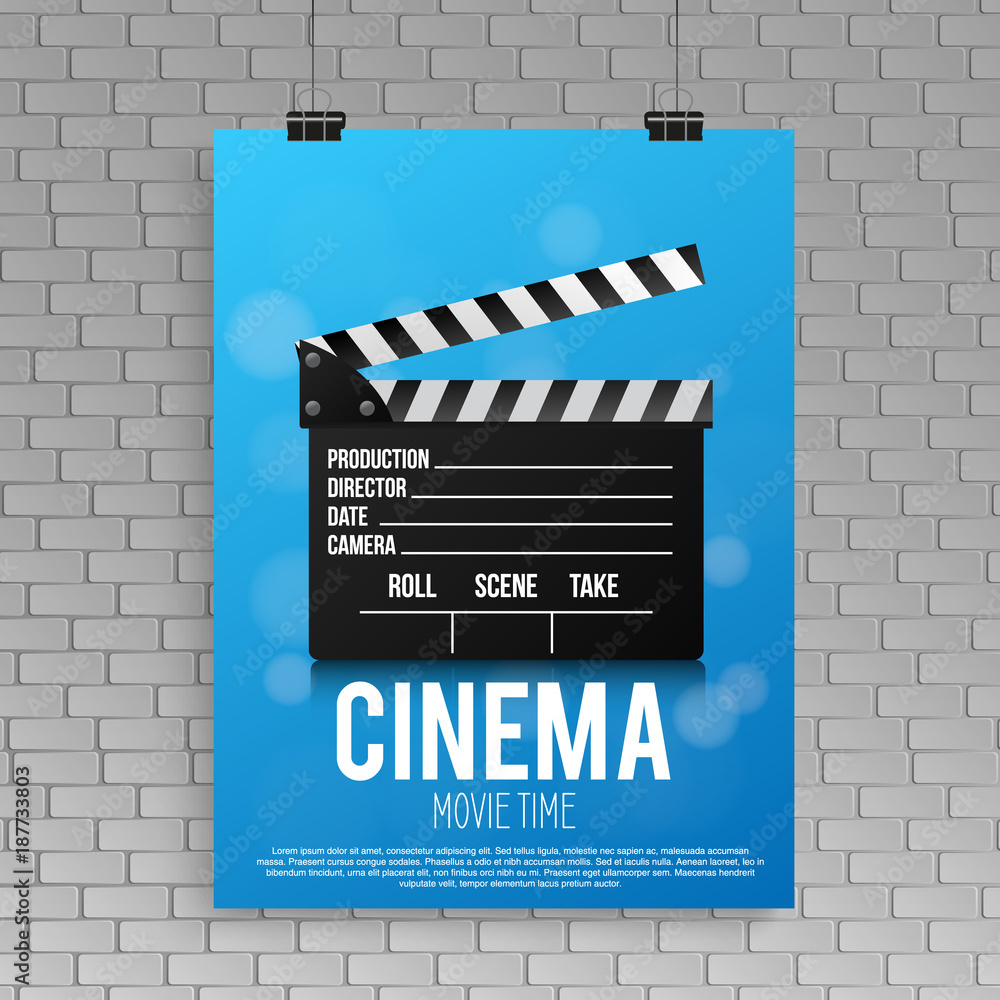 Realistic blue cinema poster in a frame with a picture hanging on a ...