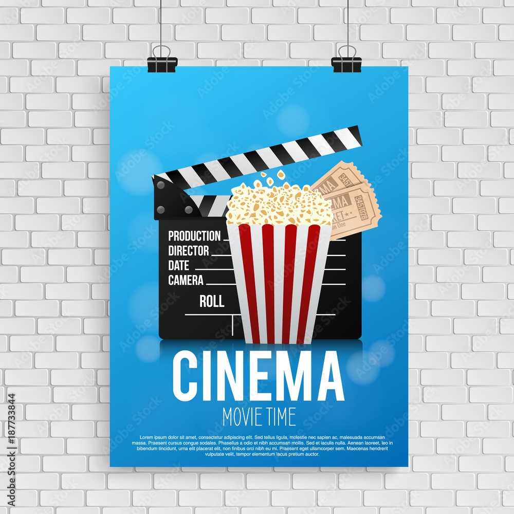 Realistic blue cinema poster in a frame with a picture hanging on a textured gray brick wall, a ...