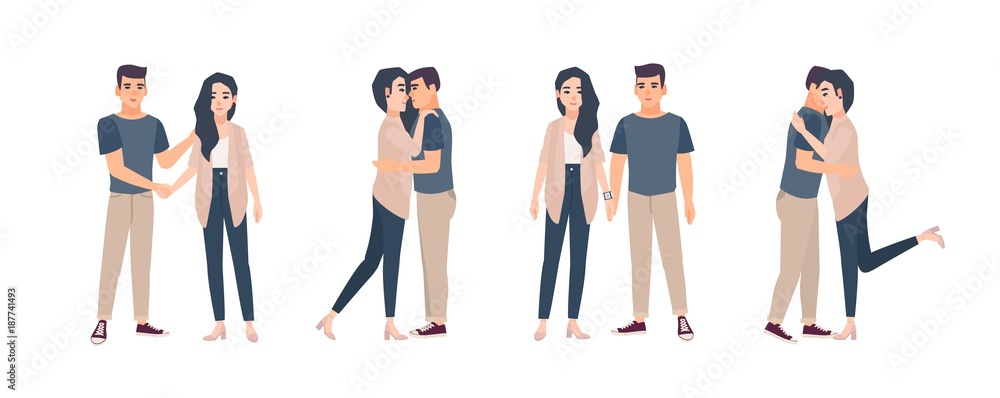 Collection of young couple standing in various poses. Bundle of man and ...