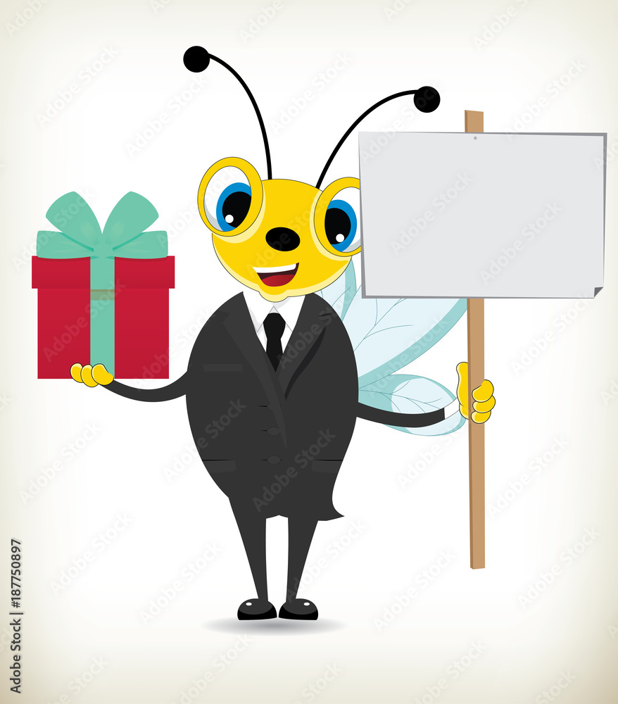 Cartoon business character bee holding a gift box and blank placard ...