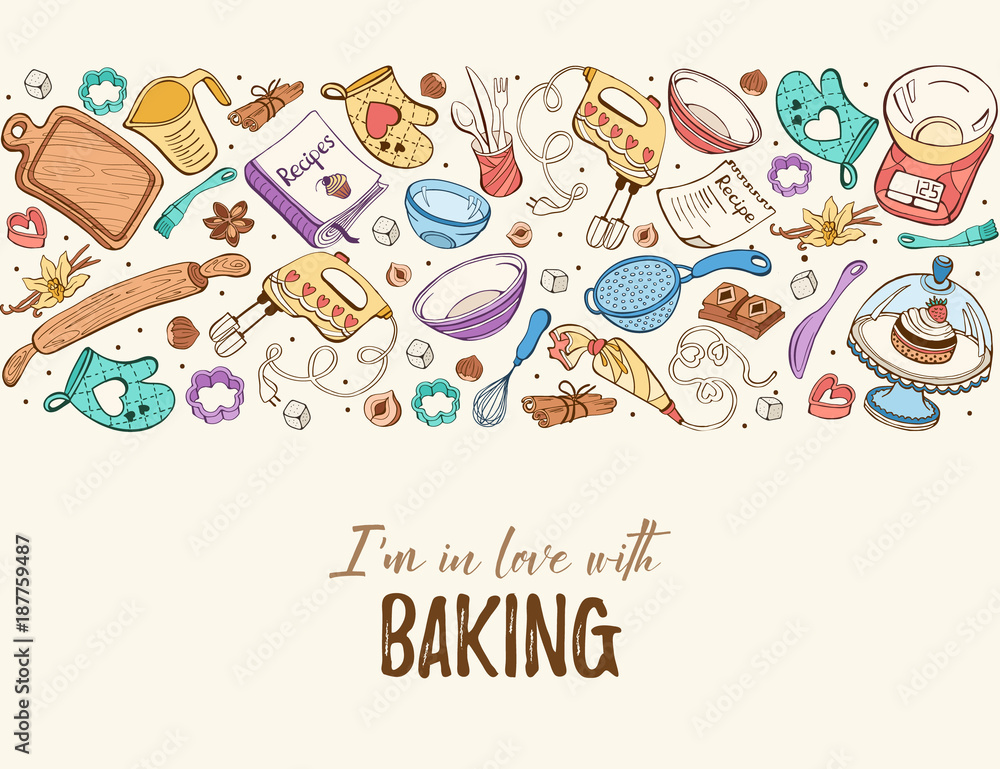I am in love with baking. Baking tools in horizontal composition ...