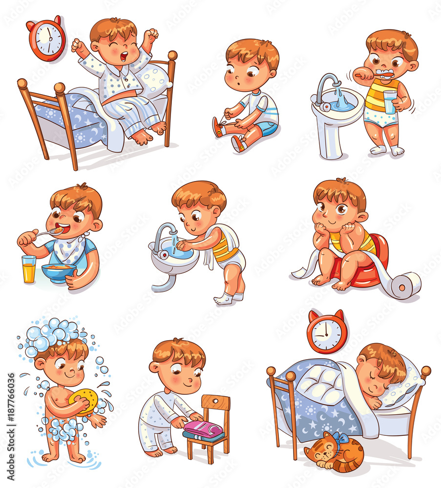 Cartoon kid daily routine activities set Stock Vector | Adobe Stock