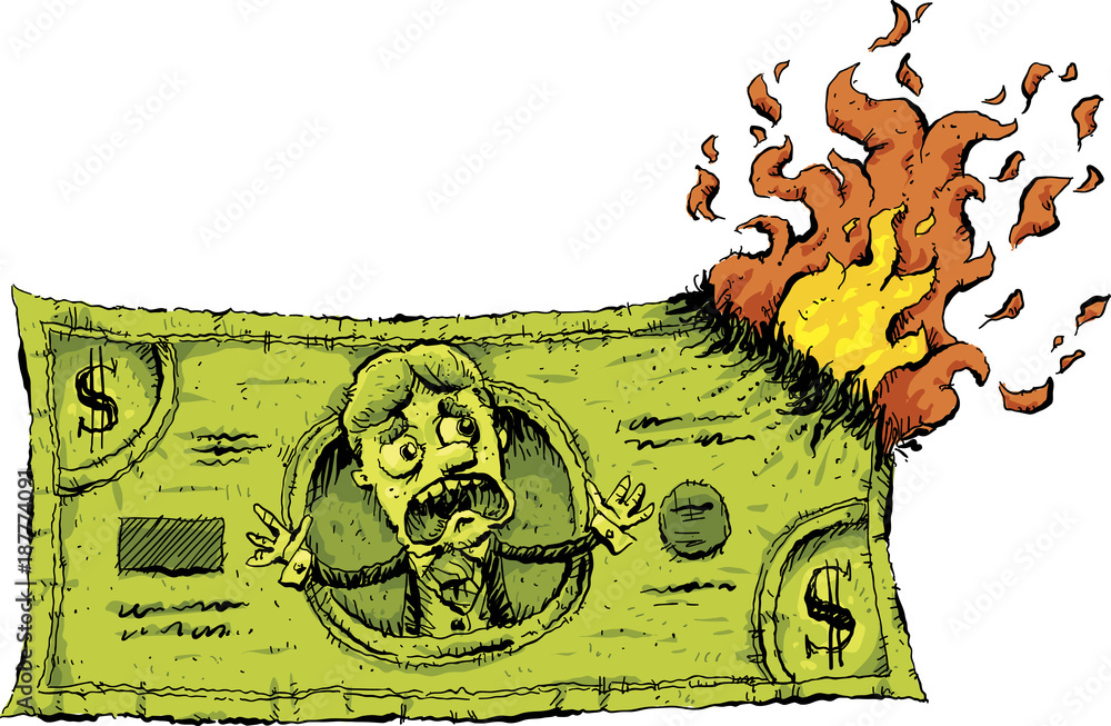 A cartoon character on a cash dollar bill reacts with fear when the ...