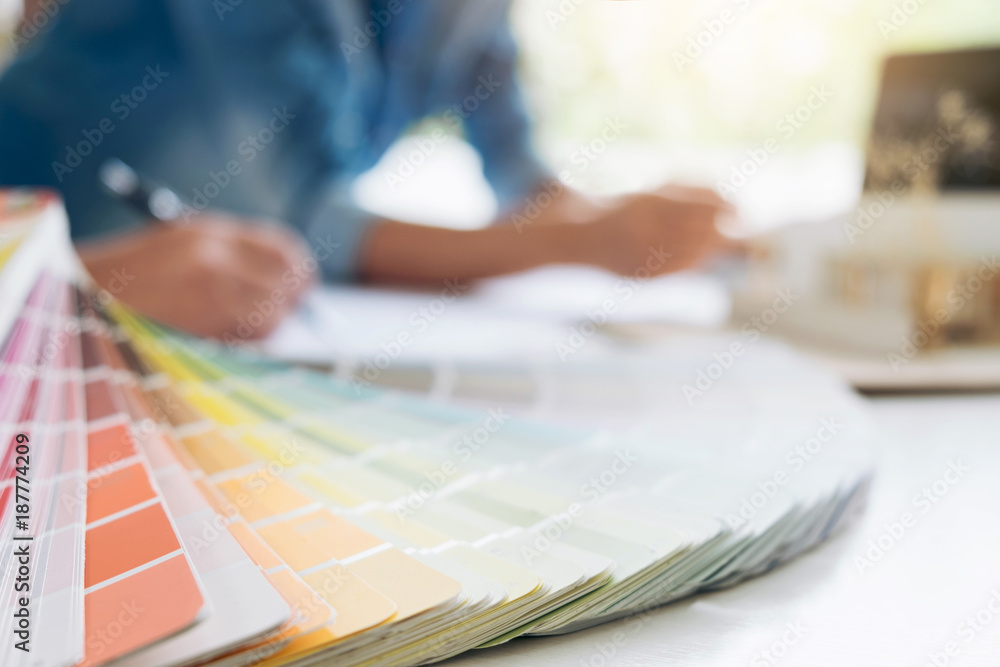 Two interior design or graphic designer at work on project of ...