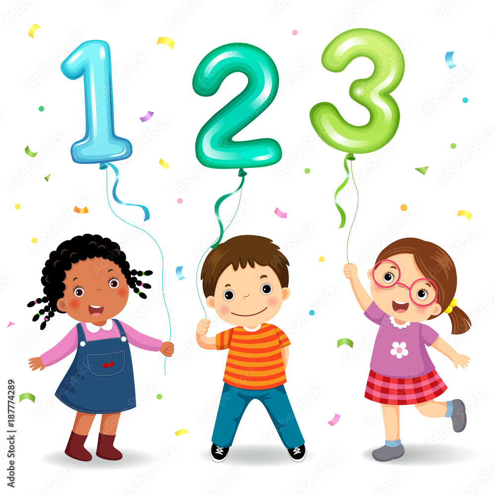 Cartoon kids holding number 123 shaped balloons Stock Vector | Adobe Stock