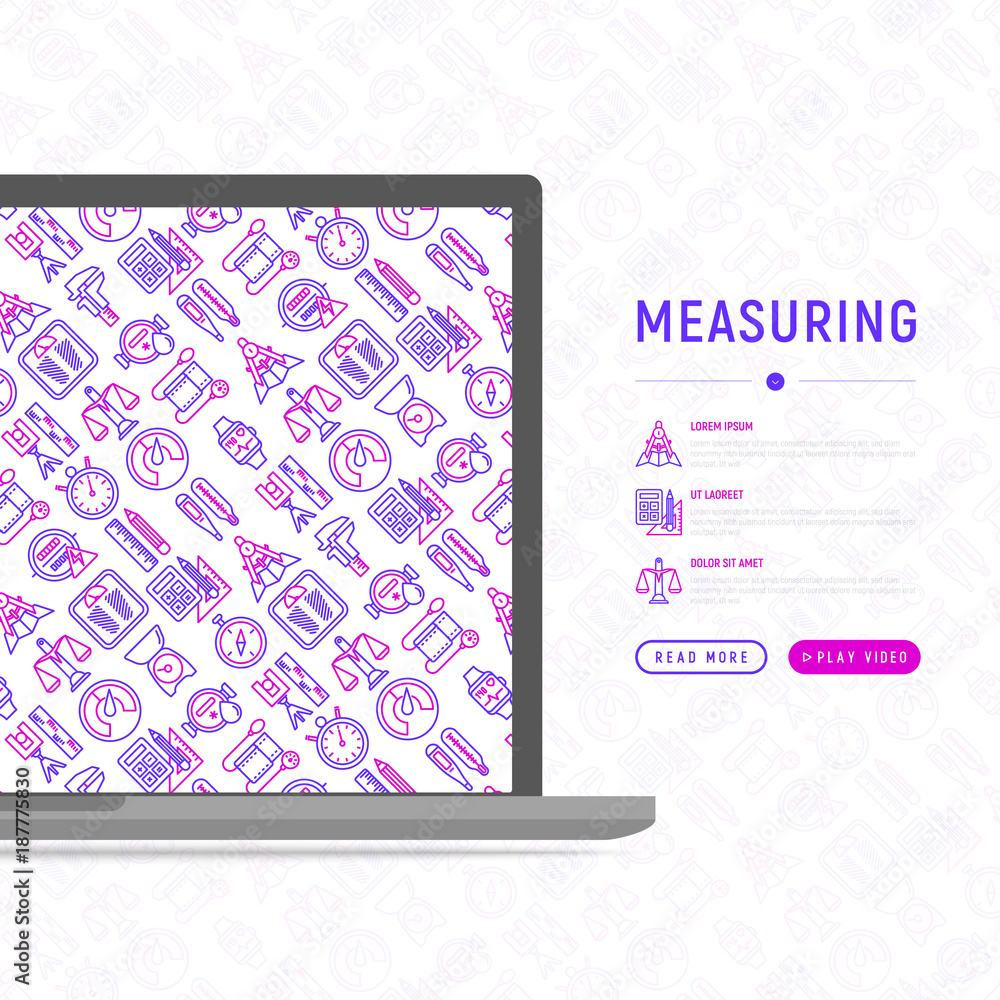 Measuring concept with thin line icons: stopwatch, weight scales ...
