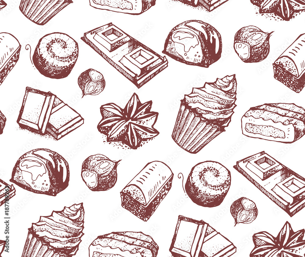 Seamless texture with hand drawn graphic chocolate set. Muffin ...