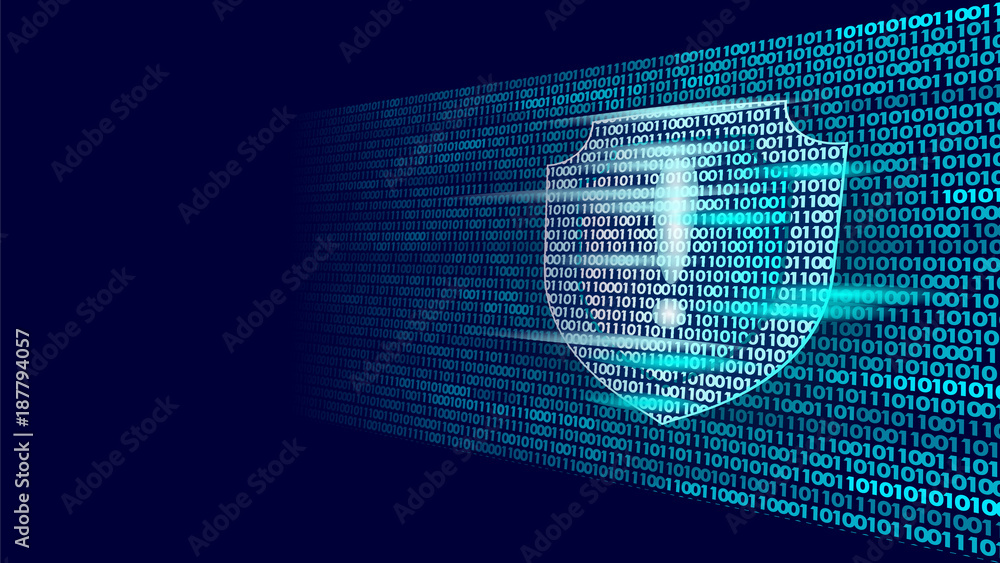 Shield guard safety system binary code flow. Big data security hacker attack computer antivirus ...