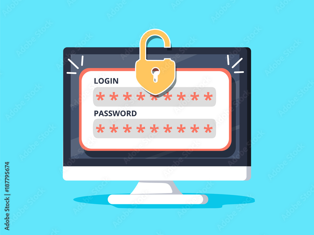 Desktop computer with unlocked password bubble notification, design of ...