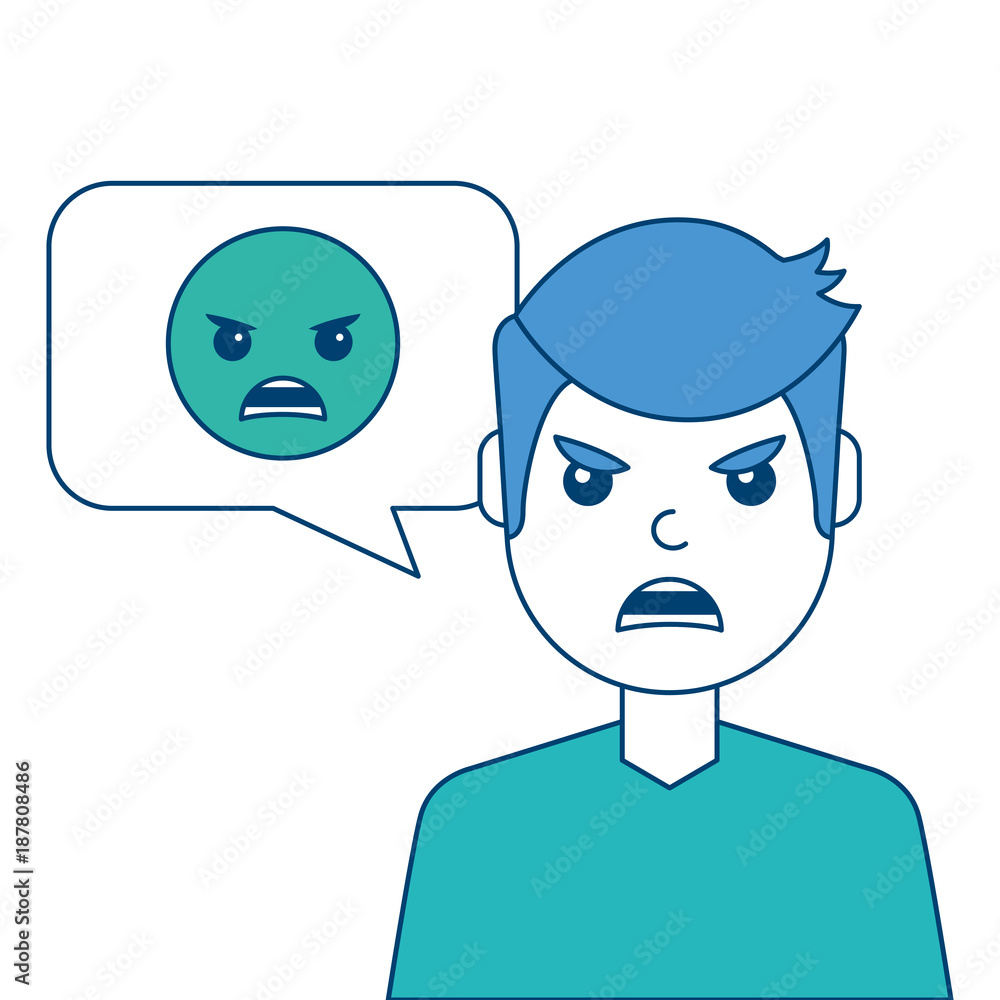 man with angry emoticon in speech bubble vector illustration blue and ...