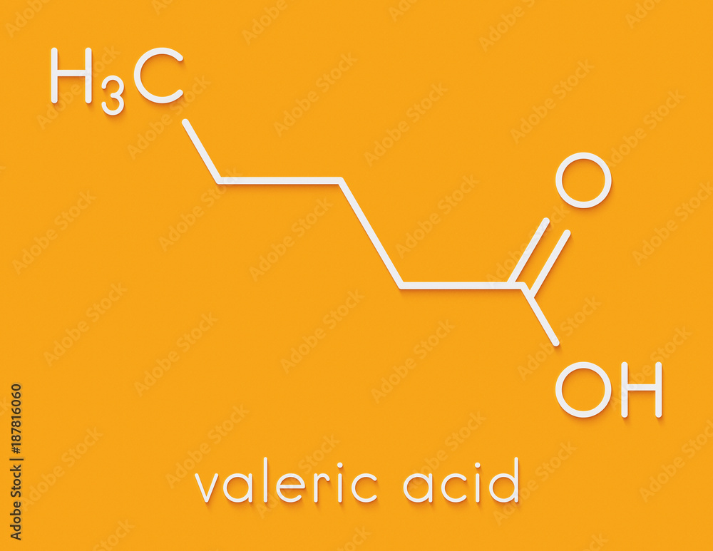 Valeric acid molecule. Smelly molecule, present in the plant valerian ...