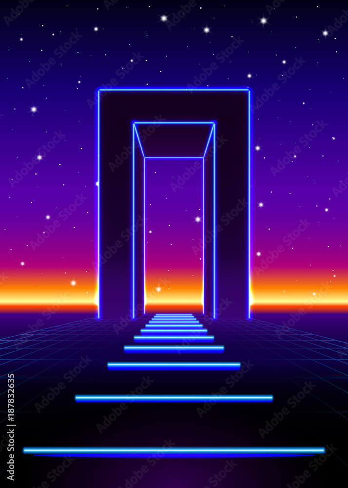 Neon 80s styled massive gate in retro game landscape with shiny road to ...