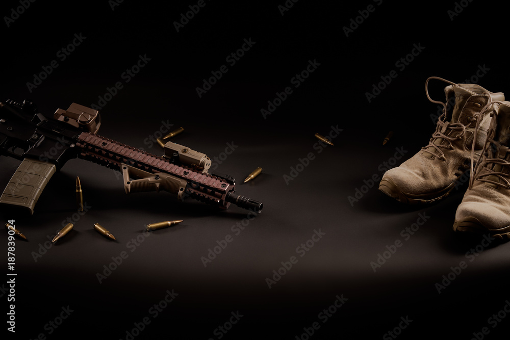 military wallpaper with an assault rifle on a black background Stock ...
