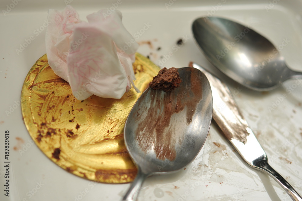 Empty dish with spoon and fork after eating. Top view of empty plate ...