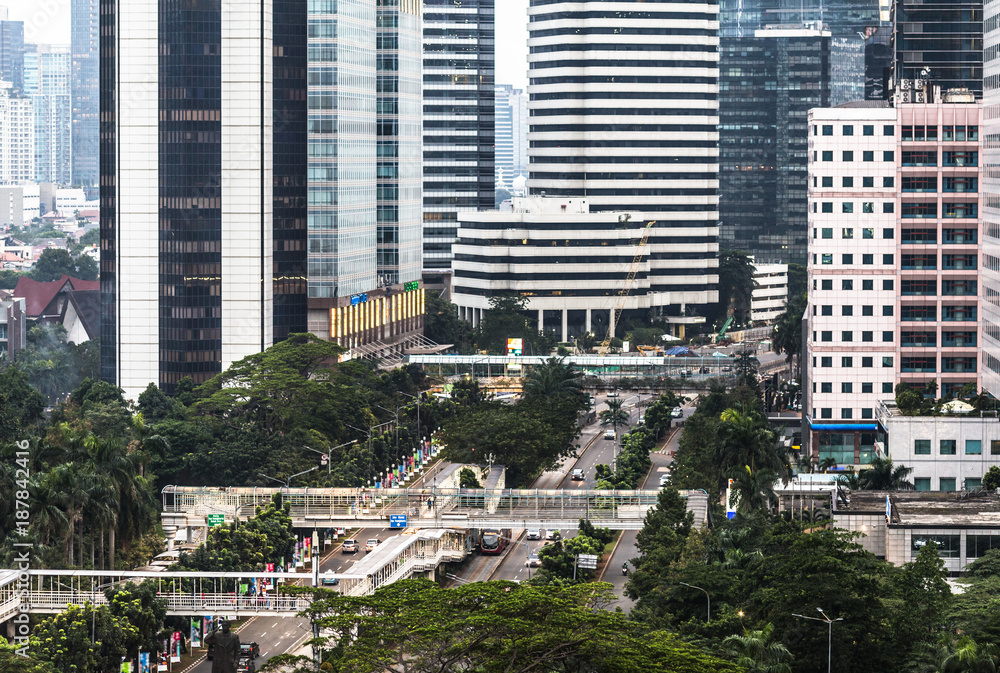 Aerial view of the Sudirman avenue in the heart of Jakarta business ...