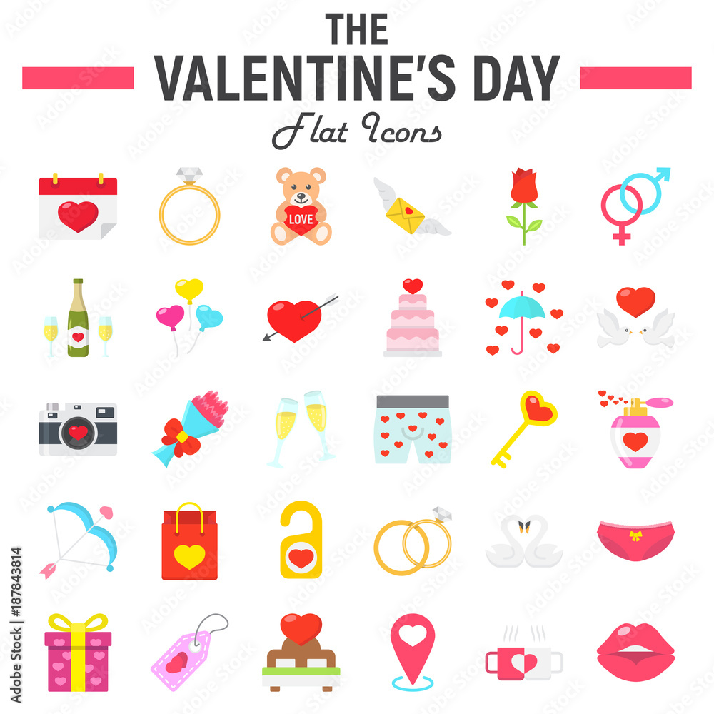 Happy Valentines Day flat icon set, holiday symbols collection, vector ...