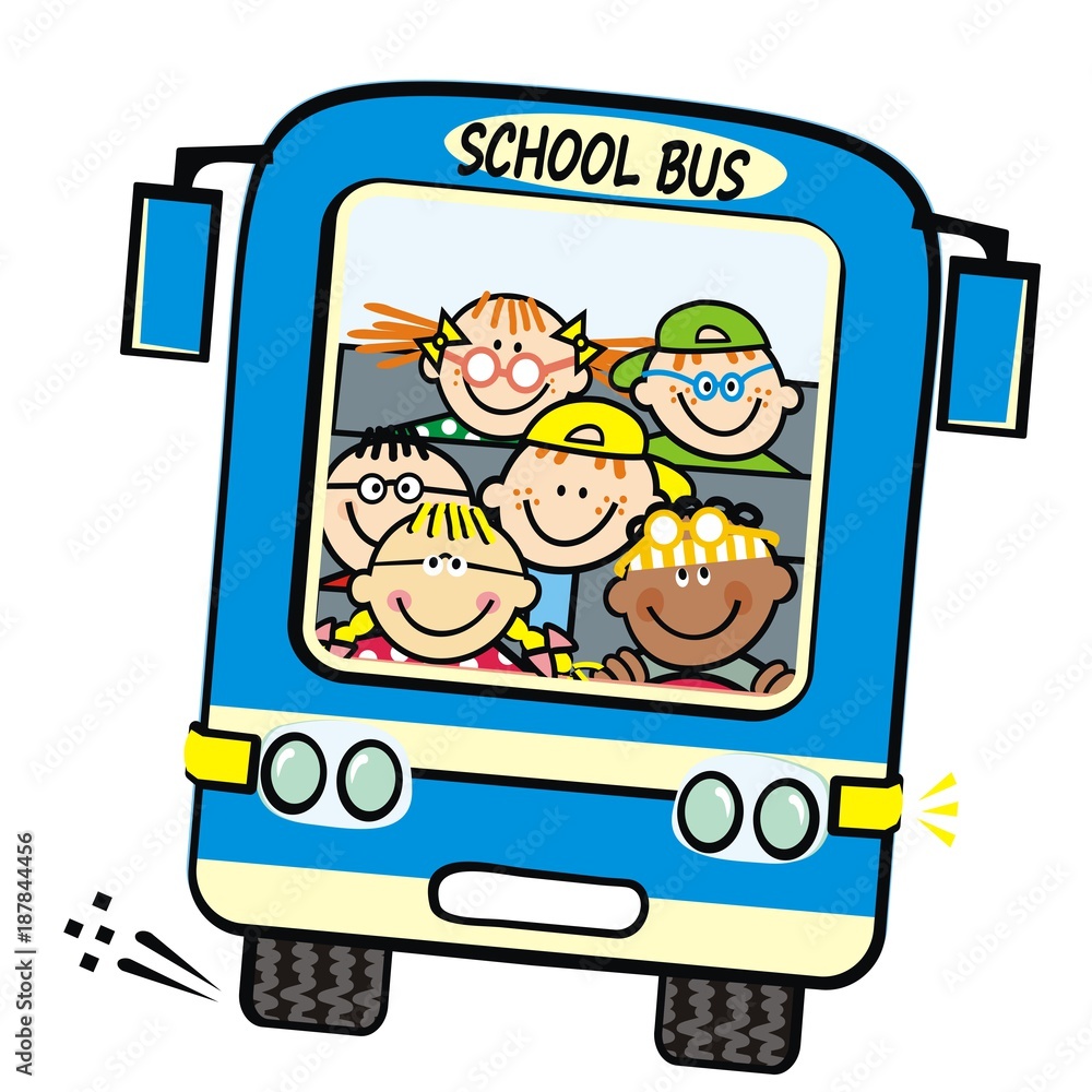 Blue bus and kids, school bus, vector humorous illustration Stock ...