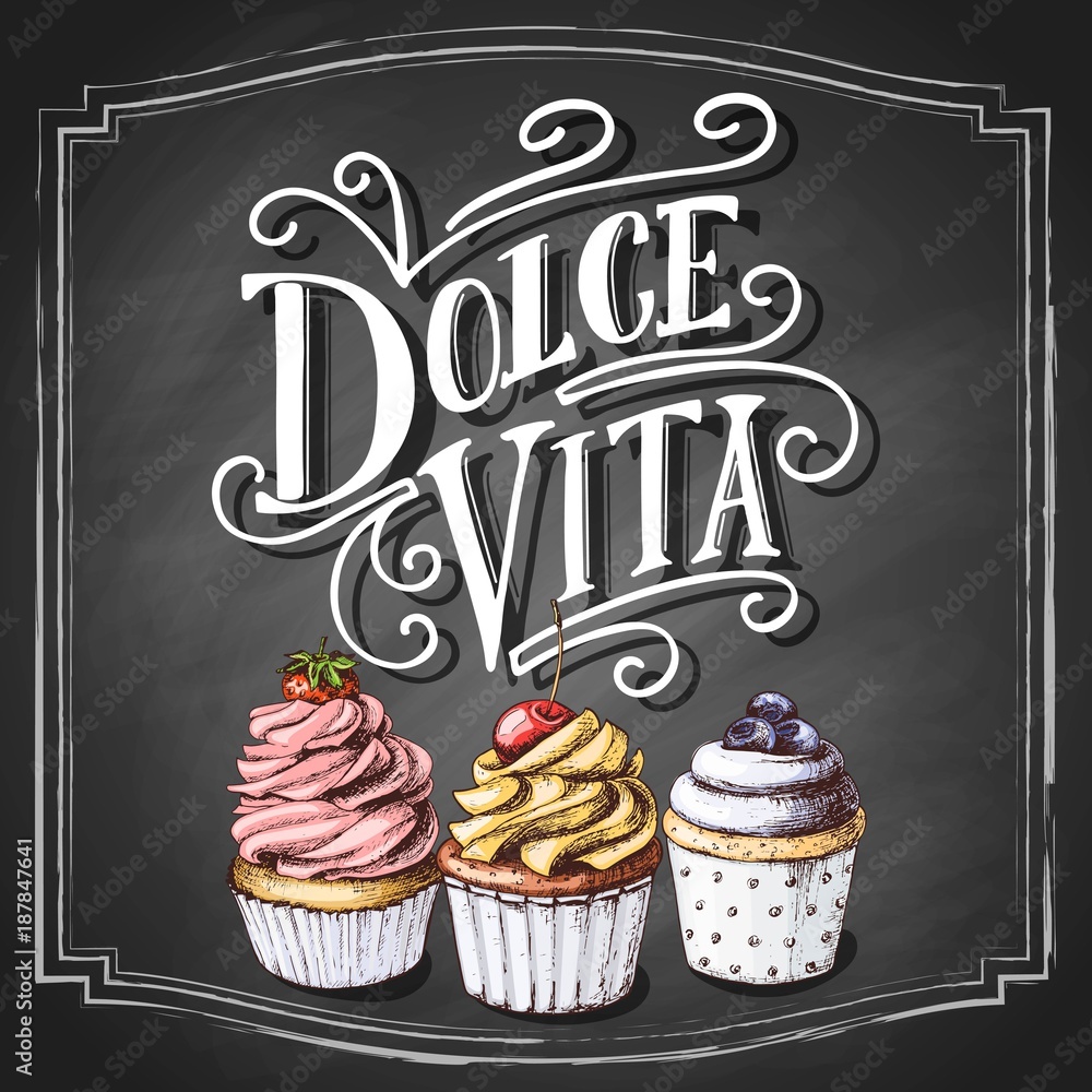 Vettoriale Stock Dolce vita hand drawn lettering on black chalkboard ...