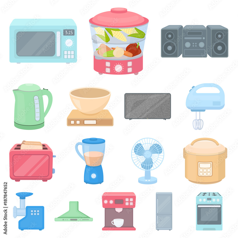 Types of household appliances cartoon icons in set collection for ...