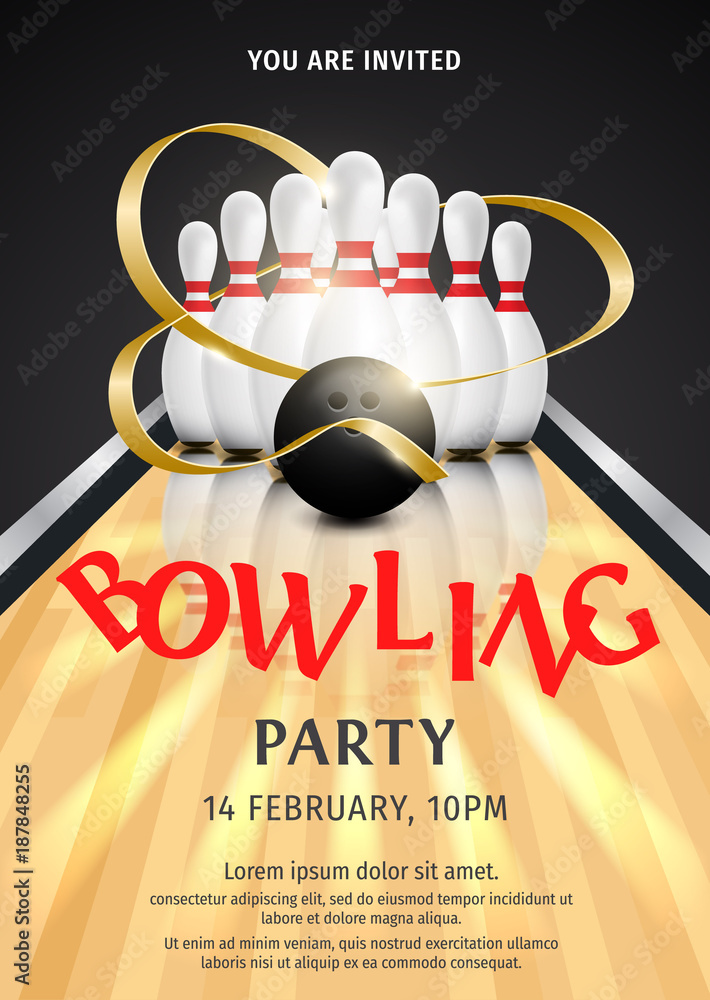Bowling Party Flyer Template Illustration. Bright Bowling tournament ...