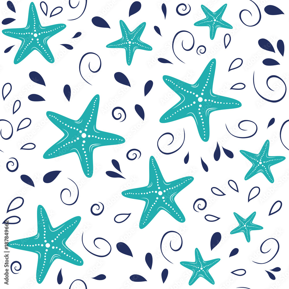Seamless vector sea pattern with hand drawn sea stars, wave, drops in ...