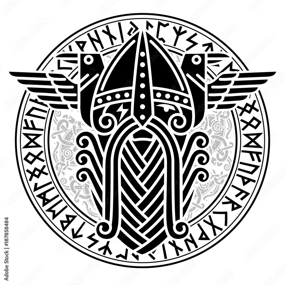 God Wotan and two ravens in a circle of Norse runes. Illustration of ...