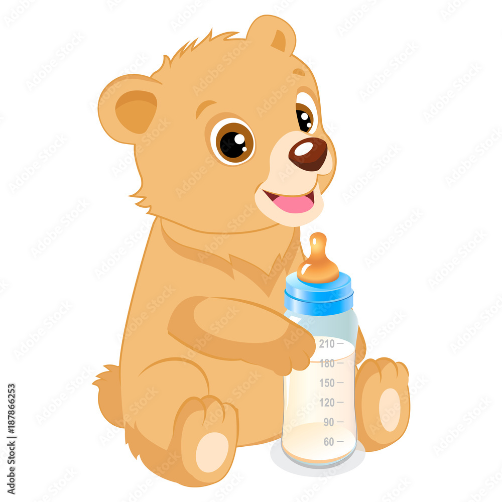 Cute Teddy Bear With Feeding Bottle Cartoon Vector Character. Baby Feed ...