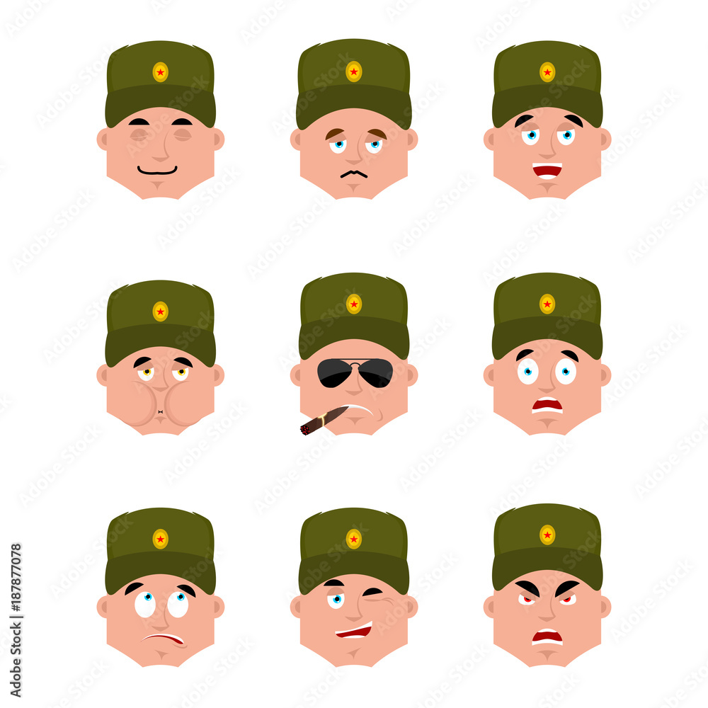 Russian soldier set emoji avatar. sad and angry face. guilty and ...