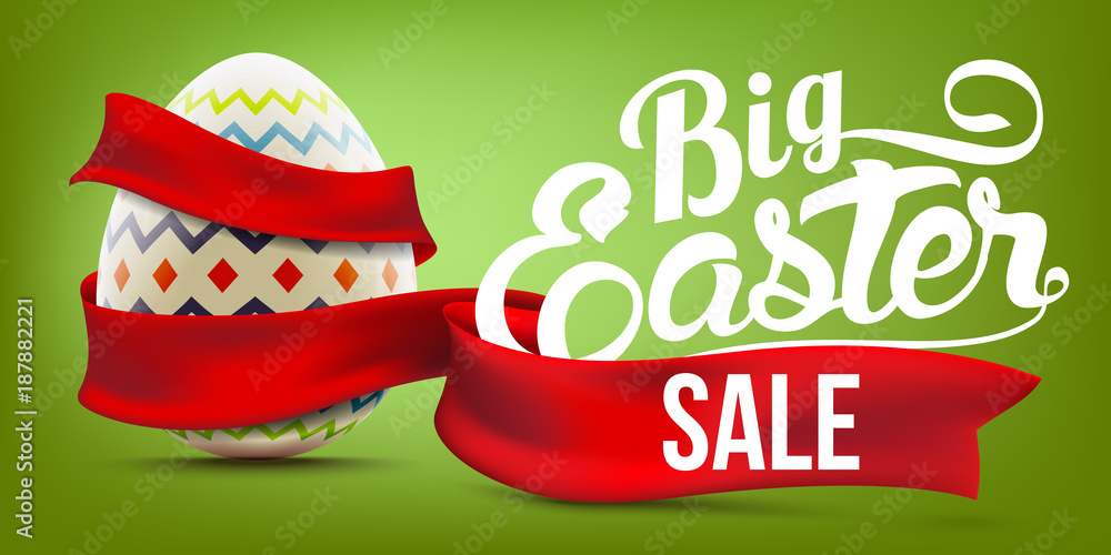 Easter sale advertising banner background with decorated egg and red ...