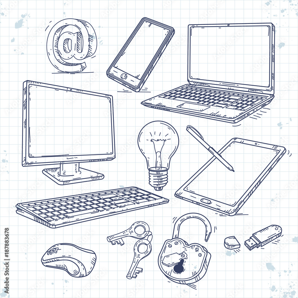 Vector set of hand drawn icons computer technology Stock Vector | Adobe ...