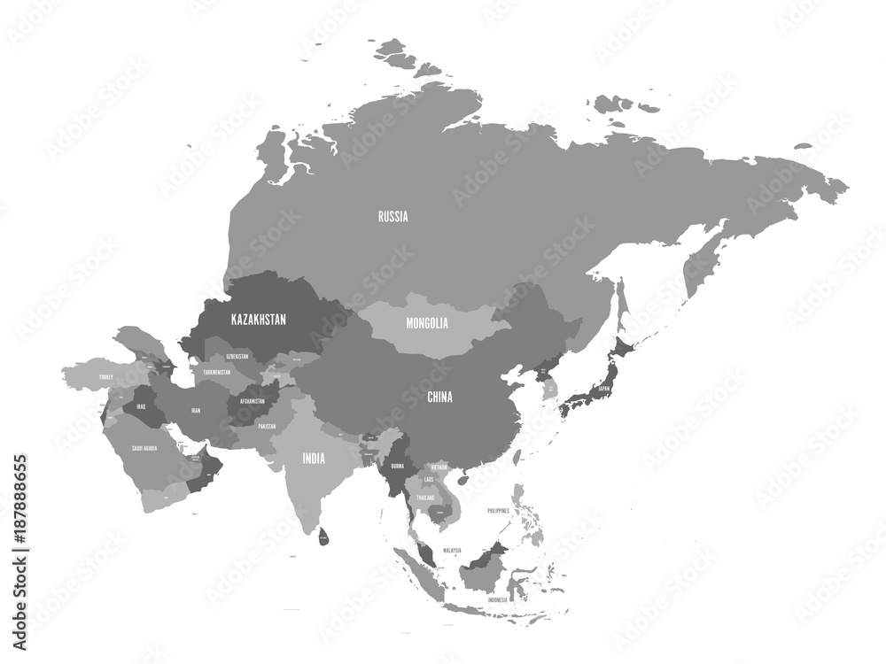 Political map of Asia continent in shades of grey. Vector illustration ...