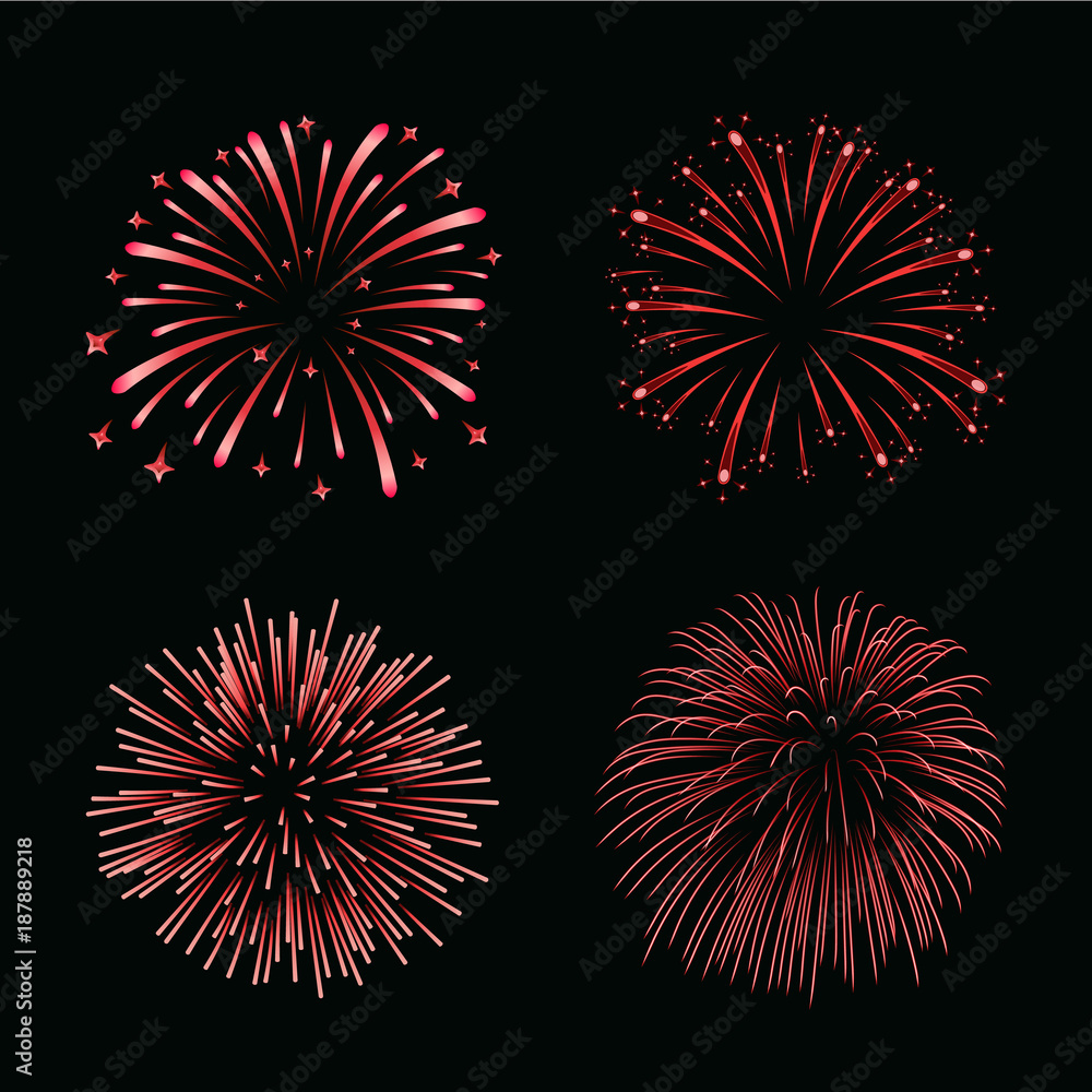 Beautiful red fireworks set. Bright fireworks isolated black background ...