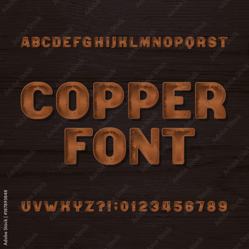 Copper metal typeface. Retro alphabet font. Metallic letters and ...