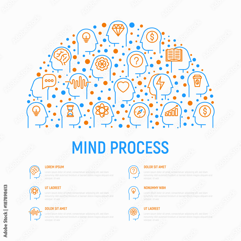 Mind process concept in half circle with thin line icons set ...