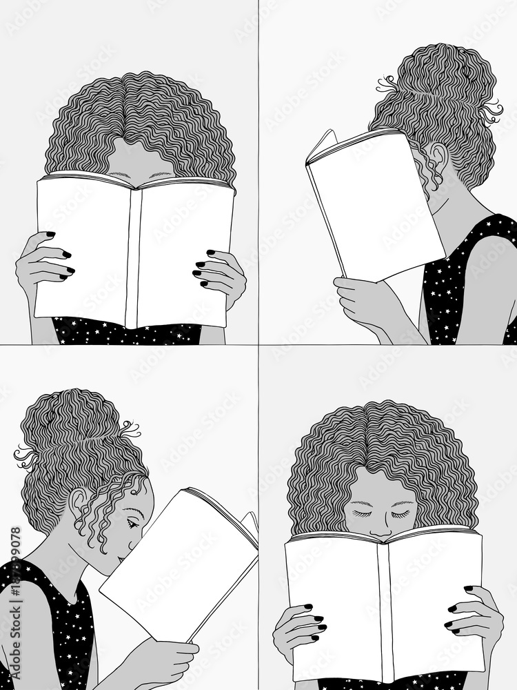 Hand drawn illustrations of girls reading, hiding their faces behind ...
