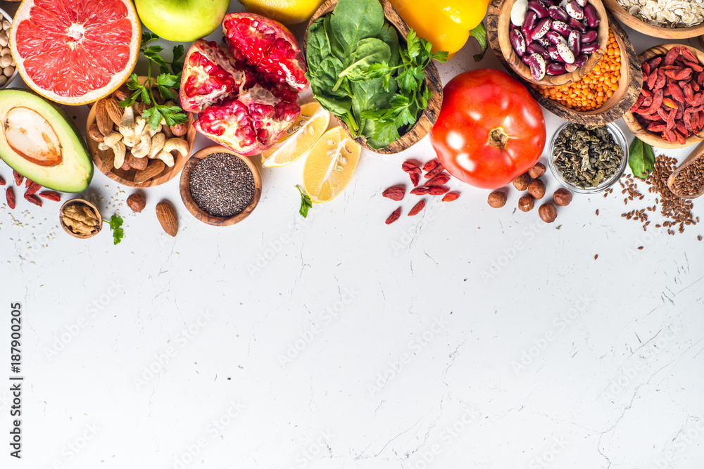 Balanced diet food background. Super food. Vegan food. Top view on ...