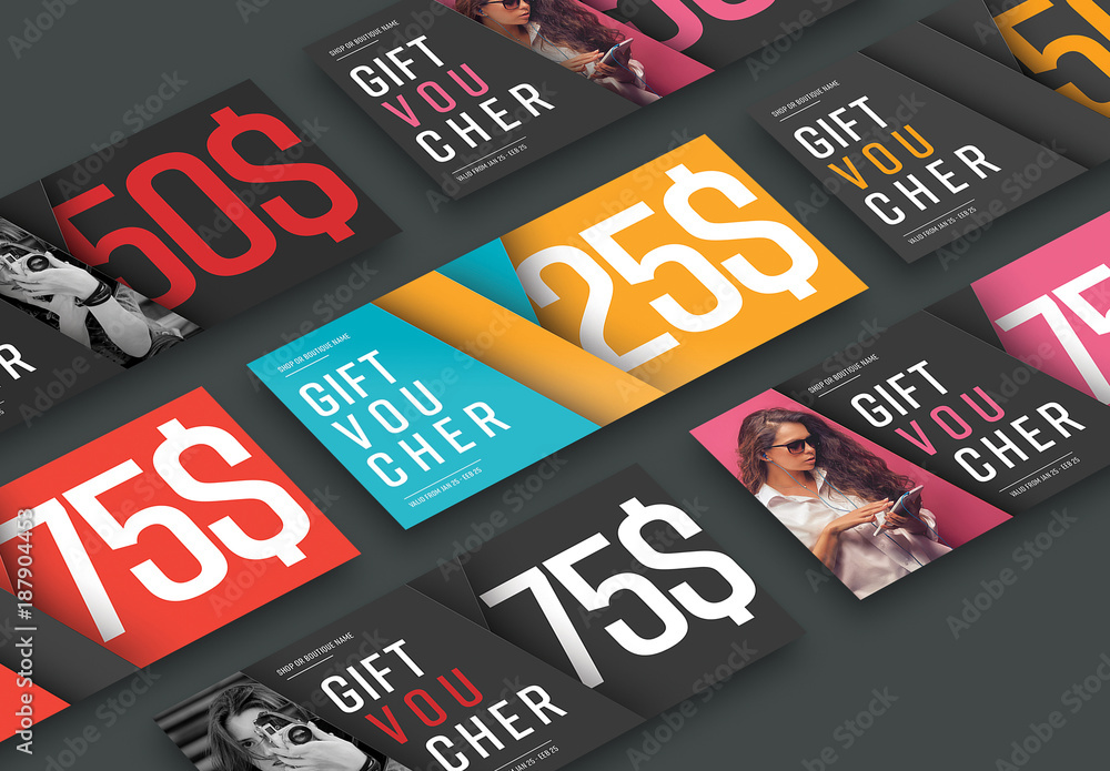 Gift Card and Voucher Set with Diagonal Design and Photo Elements Stock ...
