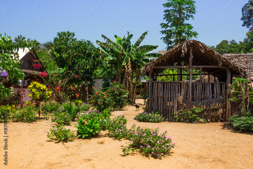 Little huts in a village on Nosy Komba Island, Nosy Komba, Madagascar ...