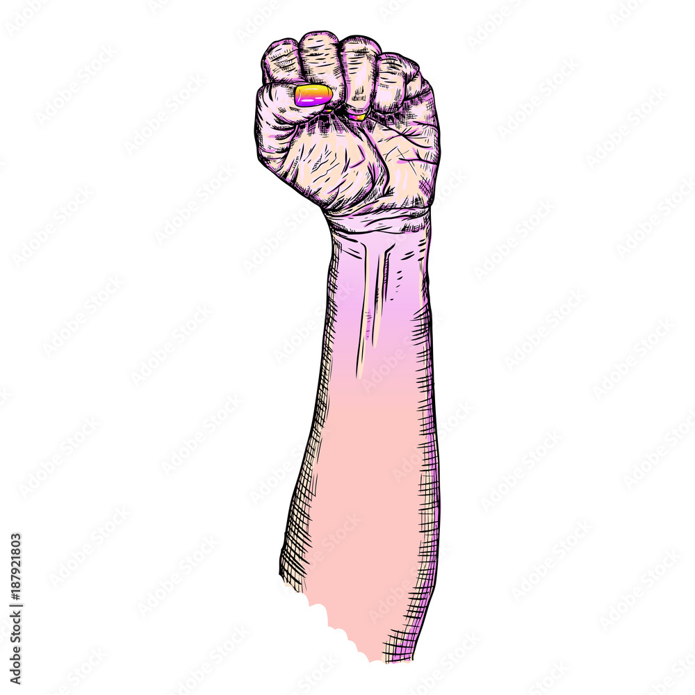 Woman's hand fist raised up freedom sign. Wrist in pink color girl ...