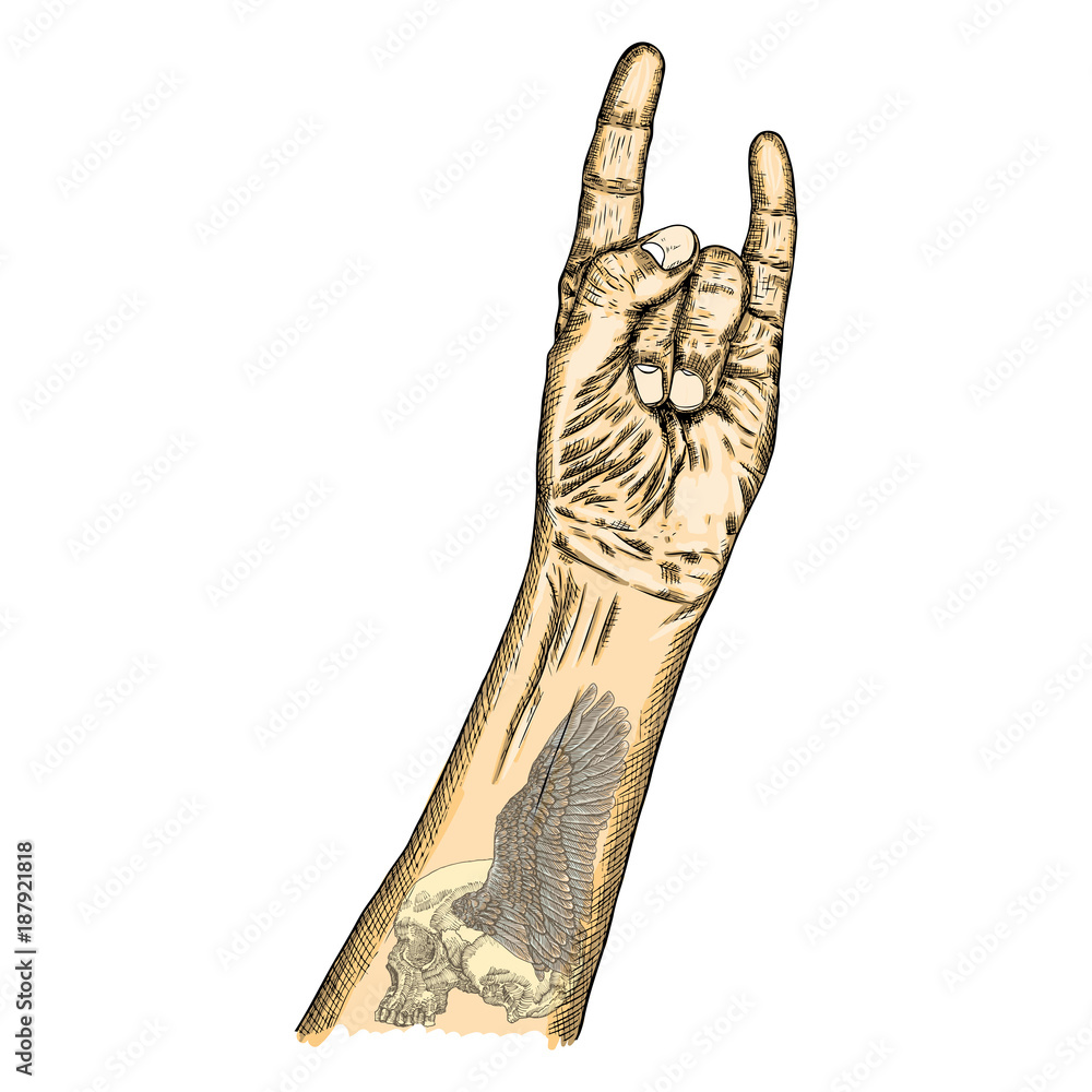Man hand in rock n roll sign with human skull and bird angel wing flash ...