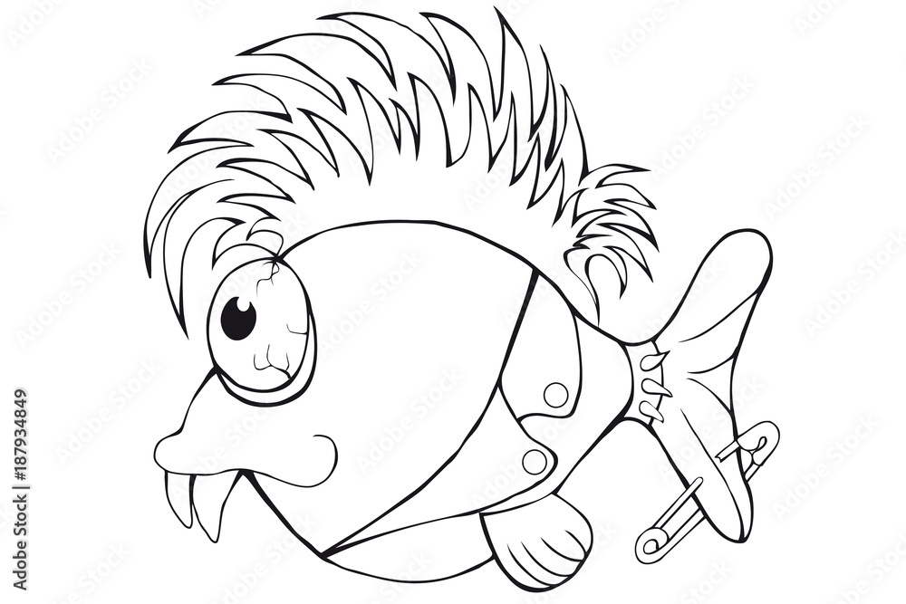 Coloring fish punk. Isolated image on white background. Cartoon style ...