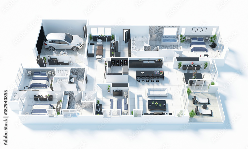 Floor plan of a house top view 3D illustration. Open concept living ...