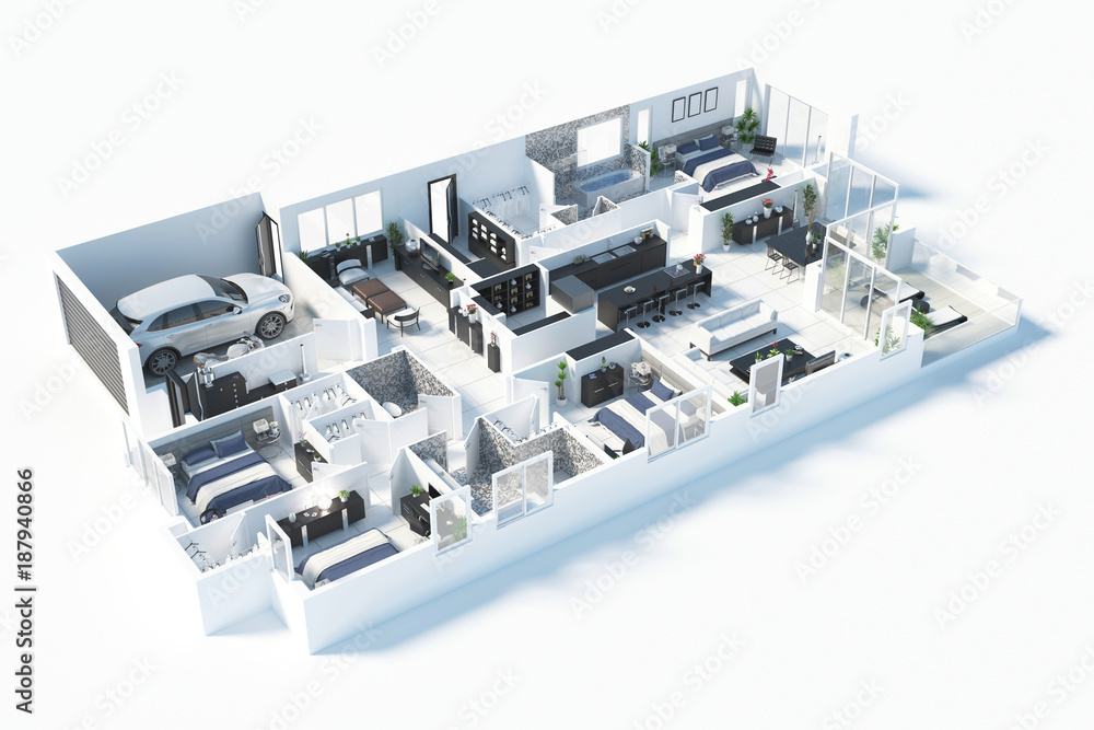 Floor plan of a house top view 3D illustration. Open concept living ...