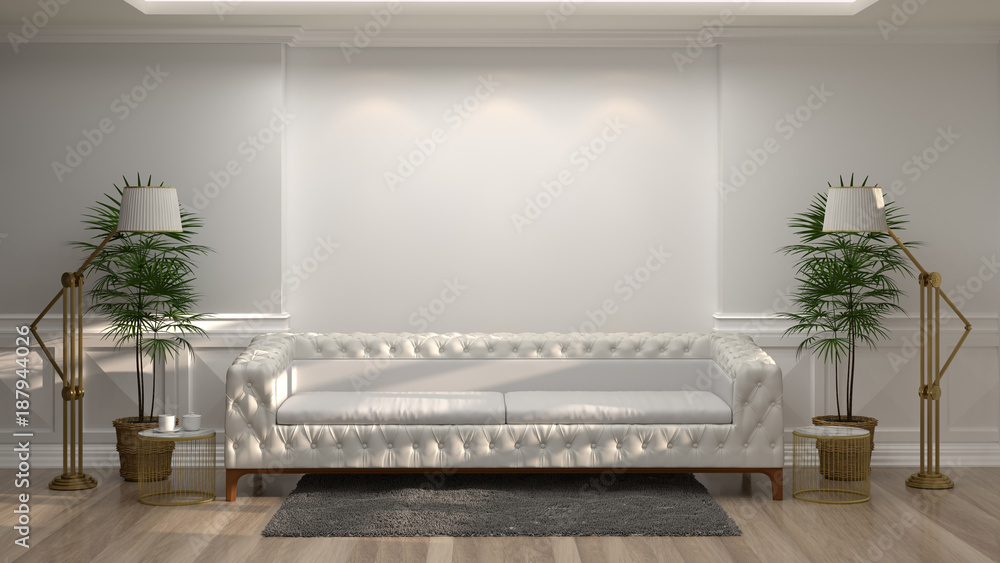 white sofa in front of empty white wall decorative items vintage style ...