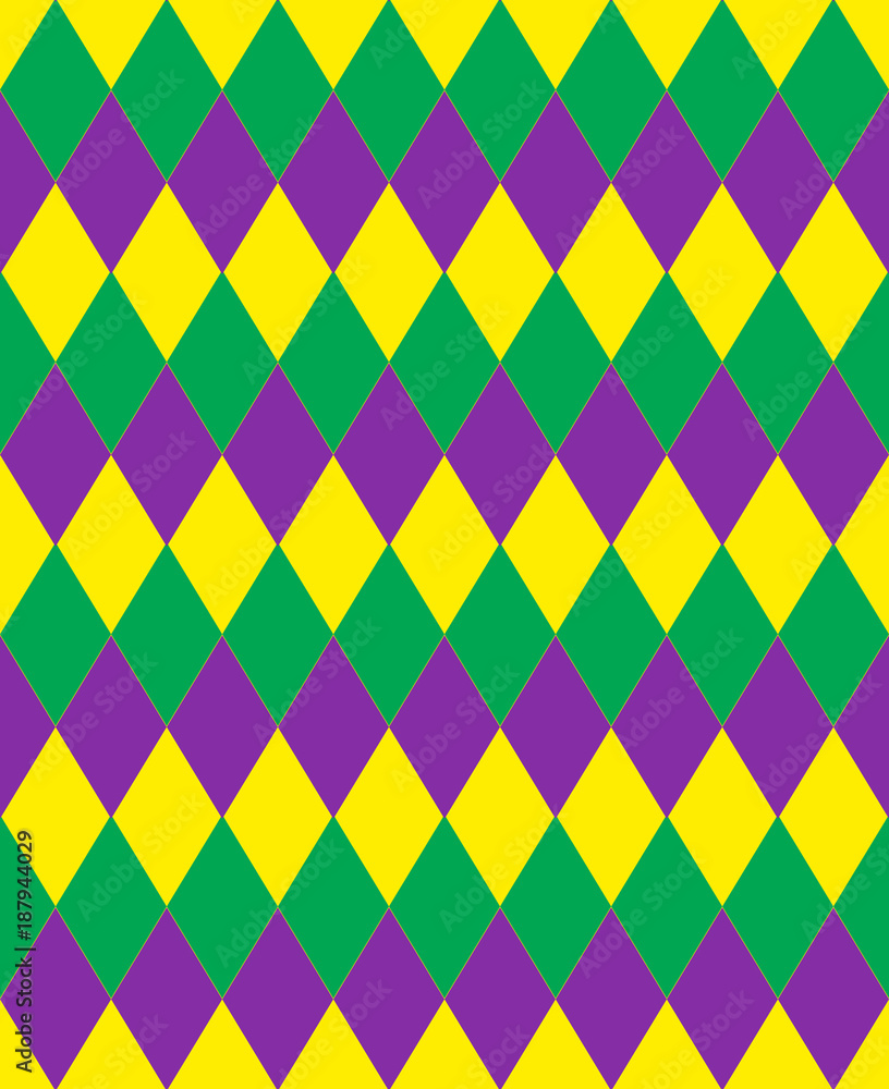 Mardi Gras abstract geometric pattern. Purple, yellow, green rhombus ...