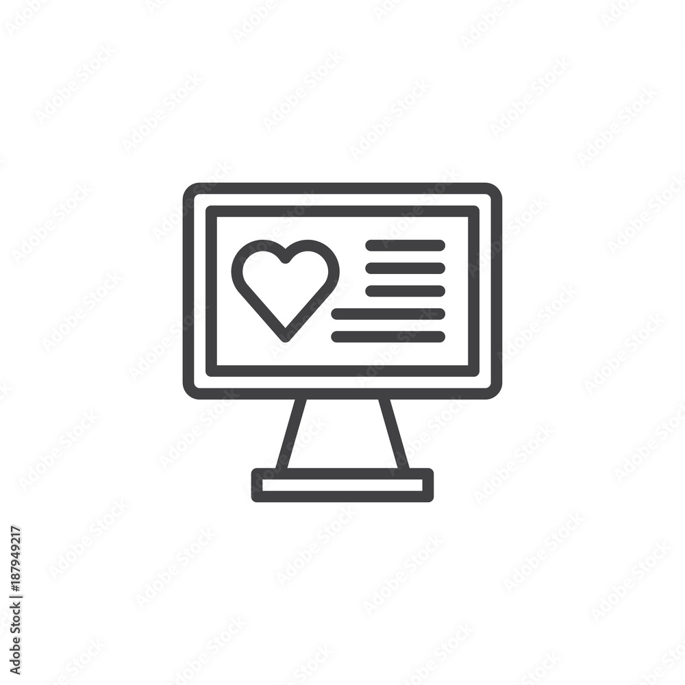 Computer monitor with heart text on screen line icon, outline vector ...