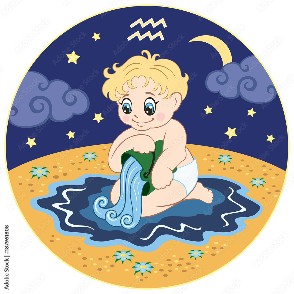 Aquarius. Baby sign of the zodiac. A little boy pours water from a jug ...